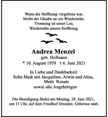 Traueranzeigen von Andrea Menzel | trauer-anzeigen.de