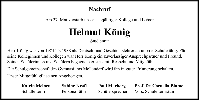 Traueranzeigen von Helmut König | trauer-anzeigen.de