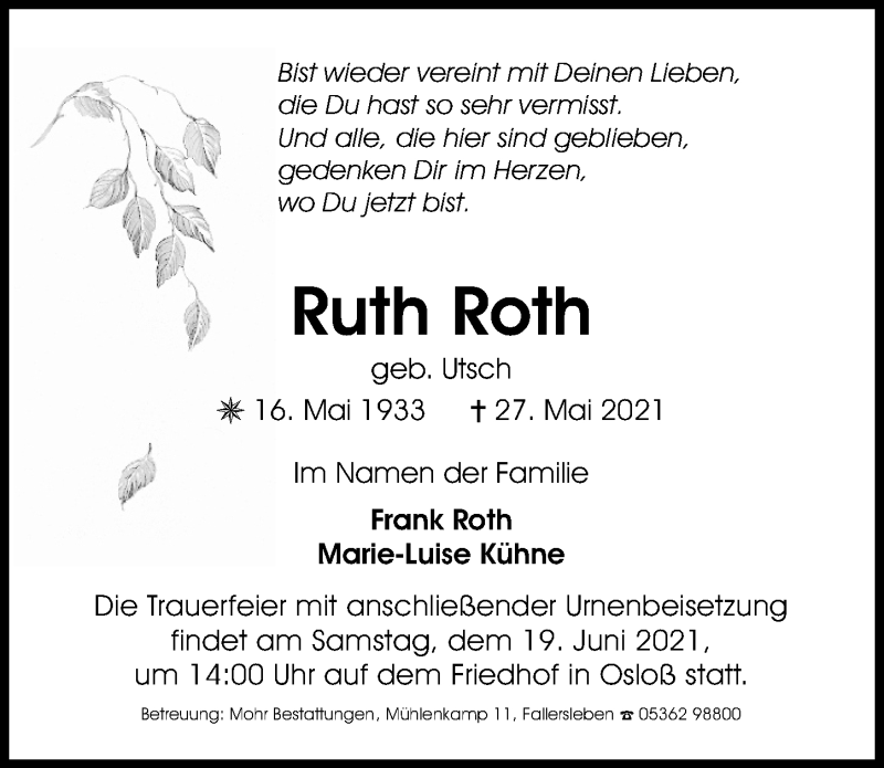 Traueranzeigen von Ruth Roth | trauer-anzeigen.de