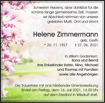 Traueranzeigen von Helene Zimmermann | trauer-anzeigen.de
