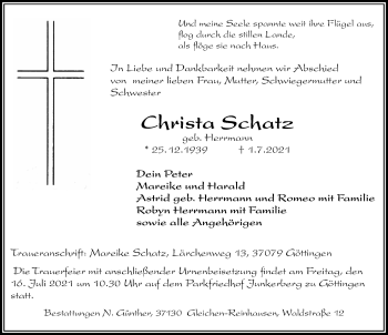 Traueranzeigen von Christa Schatz | trauer-anzeigen.de