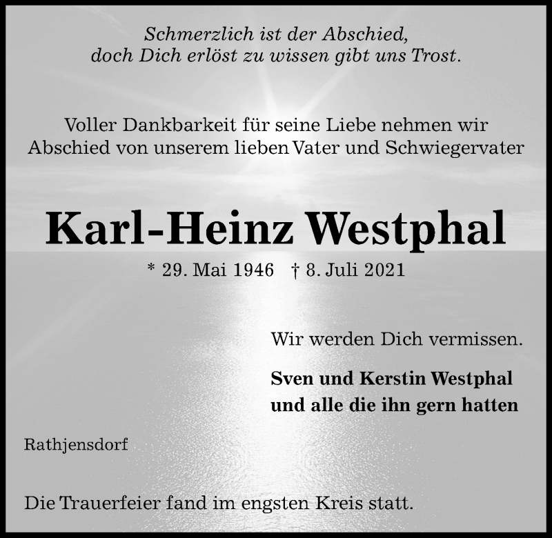 Traueranzeigen von Karl-Heinz Westphal | trauer-anzeigen.de