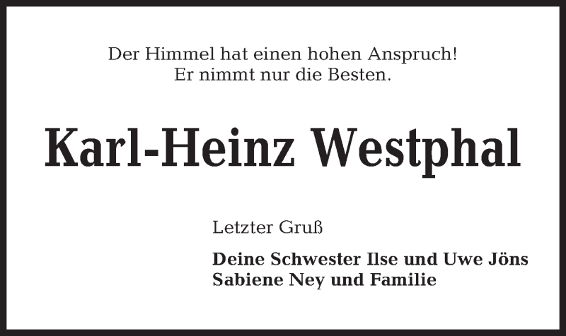 Traueranzeigen von Karl-Heinz Westphal | trauer-anzeigen.de