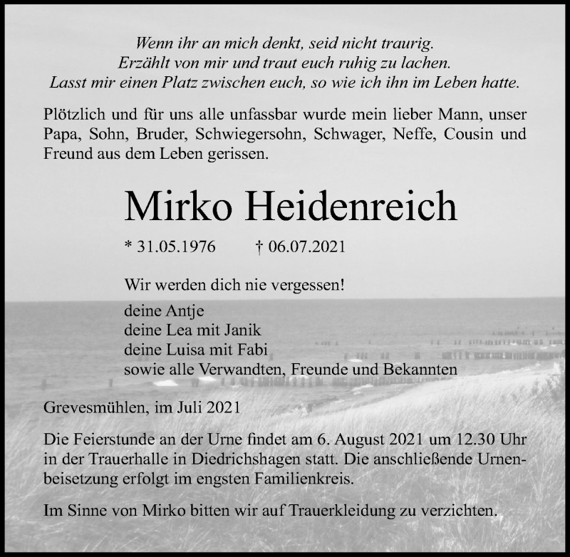 Traueranzeigen von Mirko Heidenreich | trauer-anzeigen.de