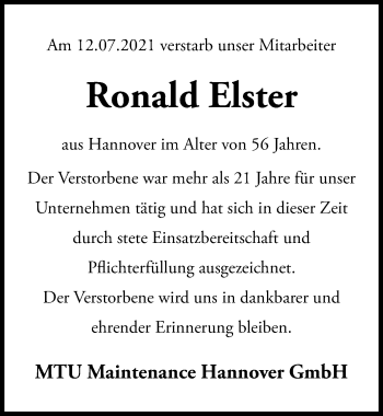 Traueranzeigen von Ronald Elster | trauer-anzeigen.de