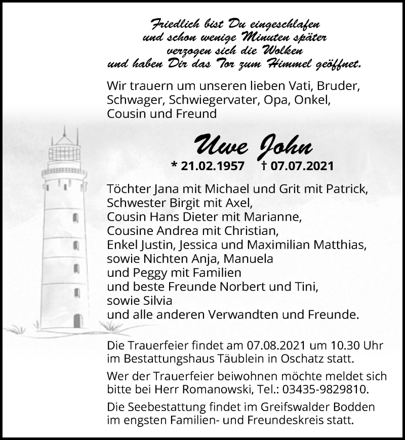 Traueranzeigen von Uwe John | trauer-anzeigen.de