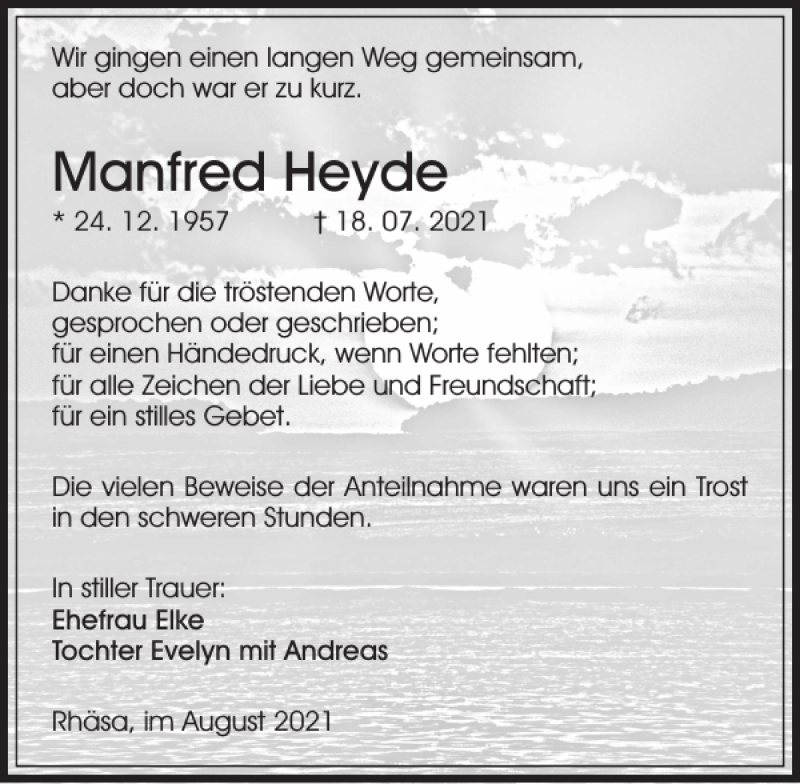 Traueranzeigen von Manfred Heyde | trauer-anzeigen.de