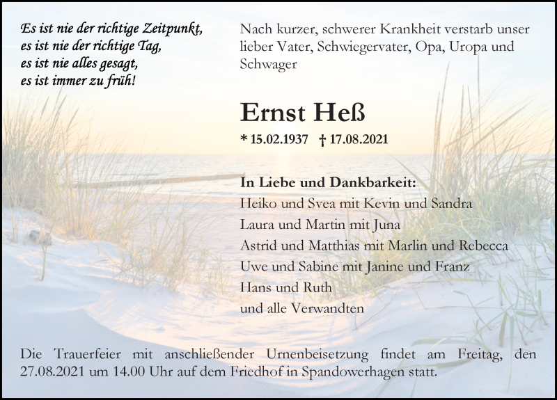 Traueranzeigen von Ernst Heß | trauer-anzeigen.de