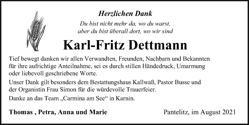 Traueranzeigen von Karl-Fritz Dettmann | trauer-anzeigen.de