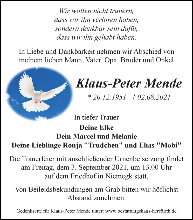 Traueranzeigen von Klaus-Peter Mende | trauer-anzeigen.de