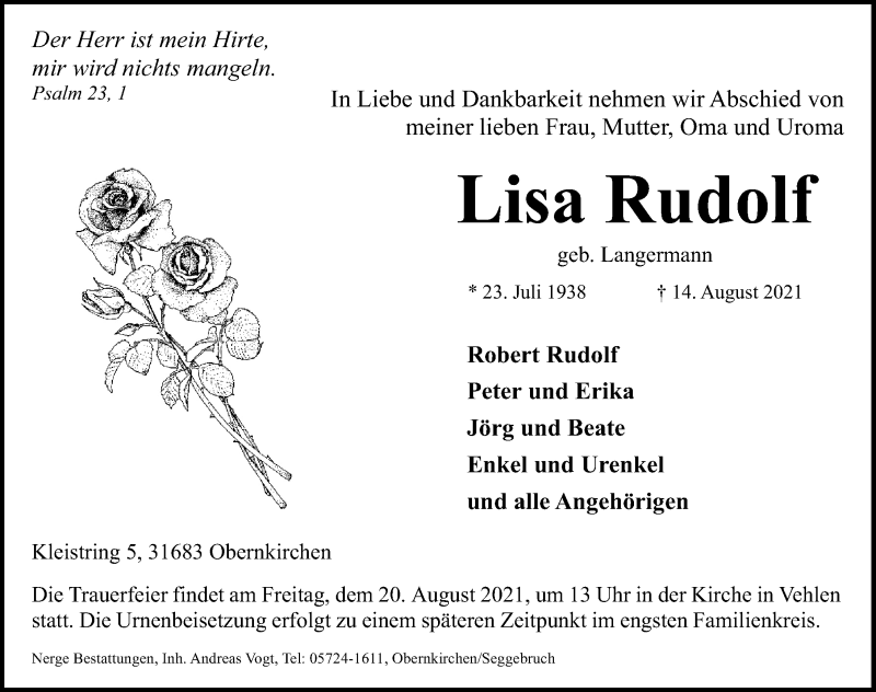 Traueranzeigen von Lisa Rudolf | trauer-anzeigen.de
