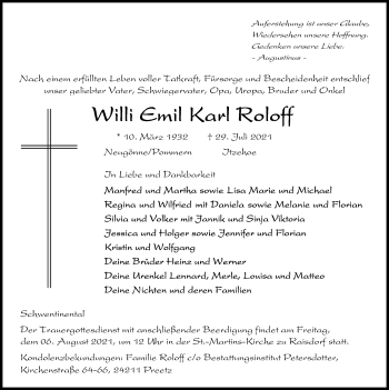 Traueranzeigen von Willi Emil Karl Roloff | trauer-anzeigen.de