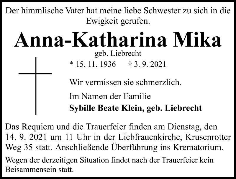 Traueranzeigen von Anna-Katharina Mika | trauer-anzeigen.de