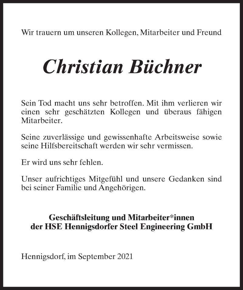 Traueranzeigen von Christian Büchner | trauer-anzeigen.de