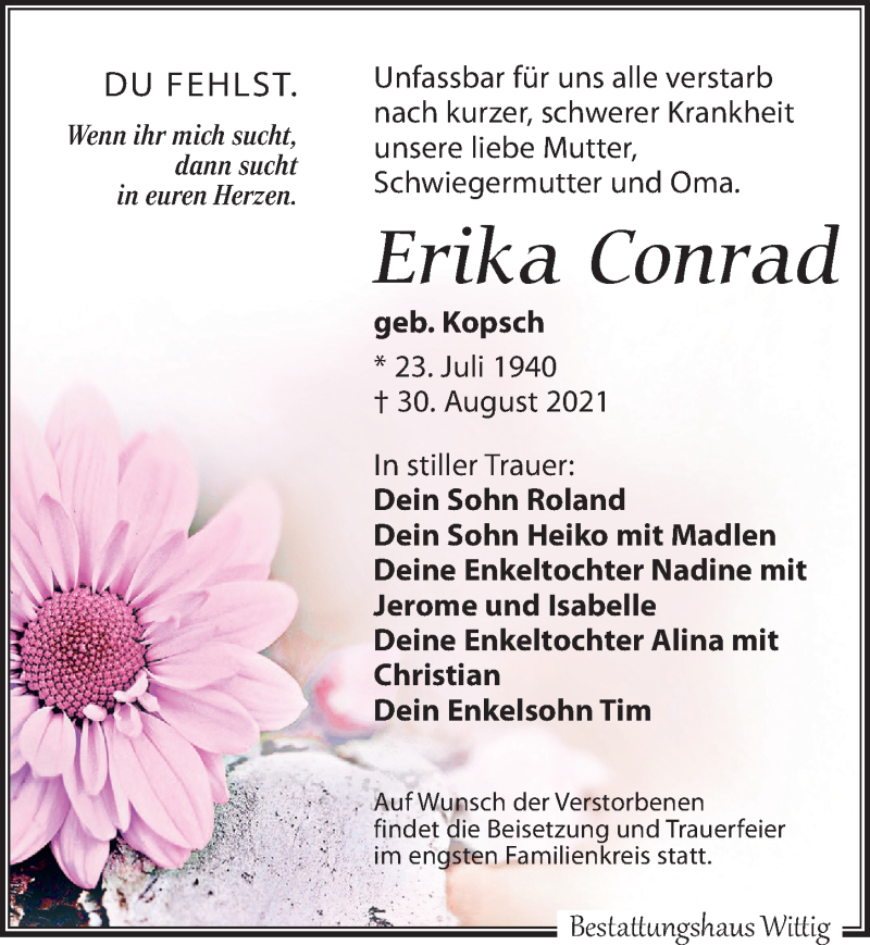 Traueranzeigen von Erika Conrad | trauer-anzeigen.de