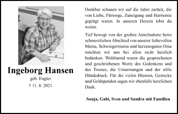 Traueranzeigen von Ingeborg Hansen | trauer-anzeigen.de