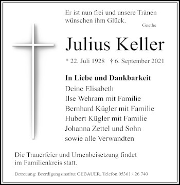 Traueranzeigen von Julius Keller | trauer-anzeigen.de