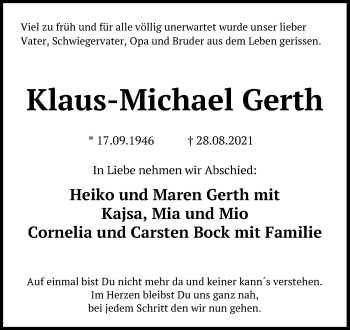 Traueranzeigen von Klaus-Michael Gerth | trauer-anzeigen.de
