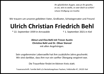 Traueranzeigen von Ulrich Christian Friedrich Behl | trauer-anzeigen.de
