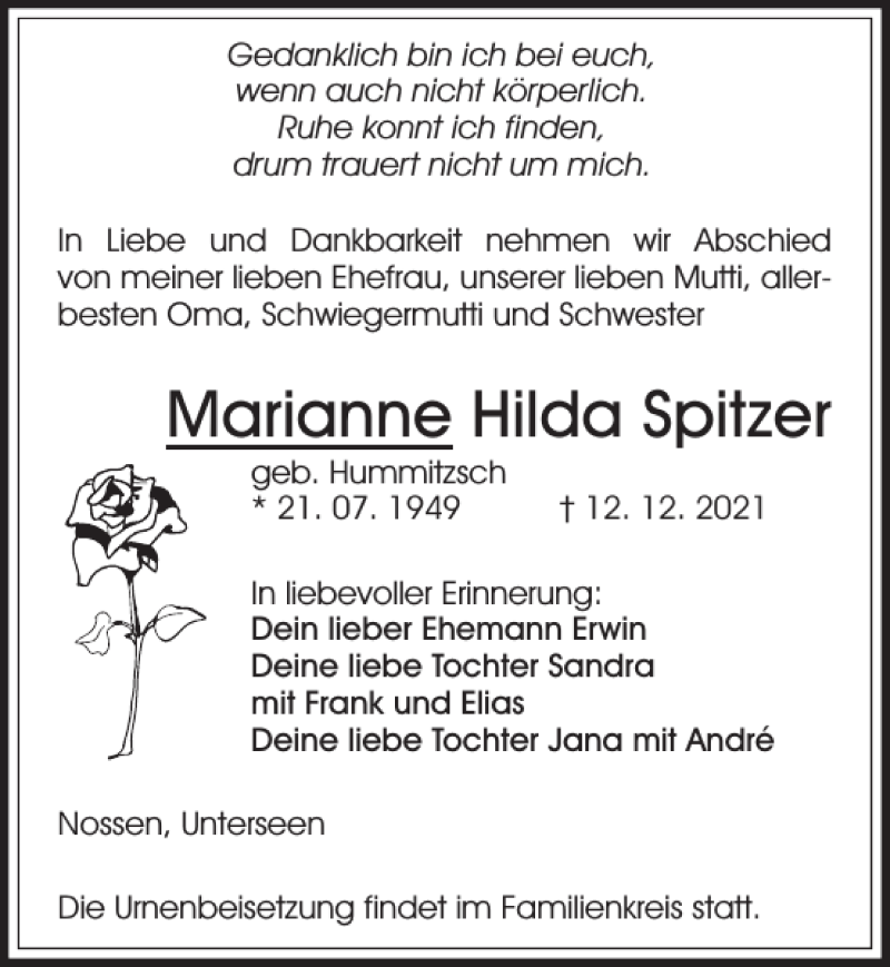 Traueranzeigen von Marianne Hilda Spitzer | trauer-anzeigen.de
