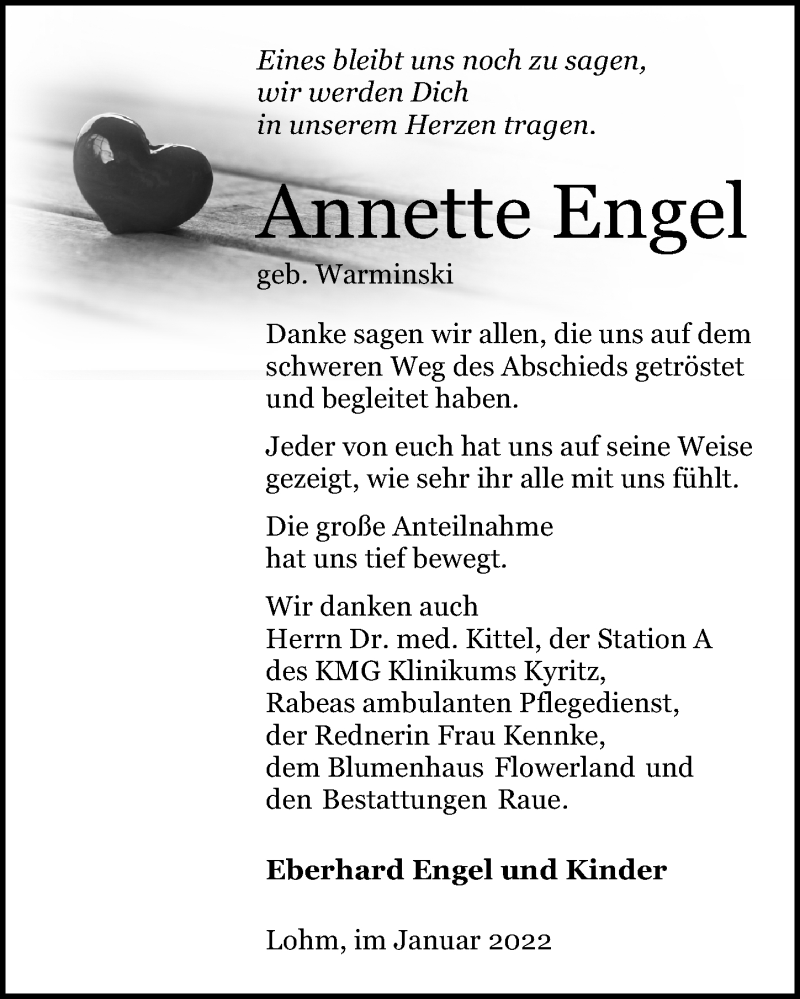 Traueranzeigen von Annette Engel | trauer-anzeigen.de