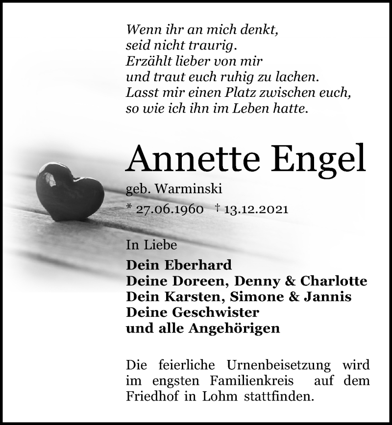 Traueranzeigen von Annette Engel | trauer-anzeigen.de