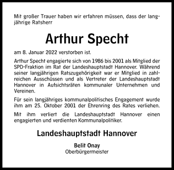Traueranzeigen von Arthur Specht | trauer-anzeigen.de