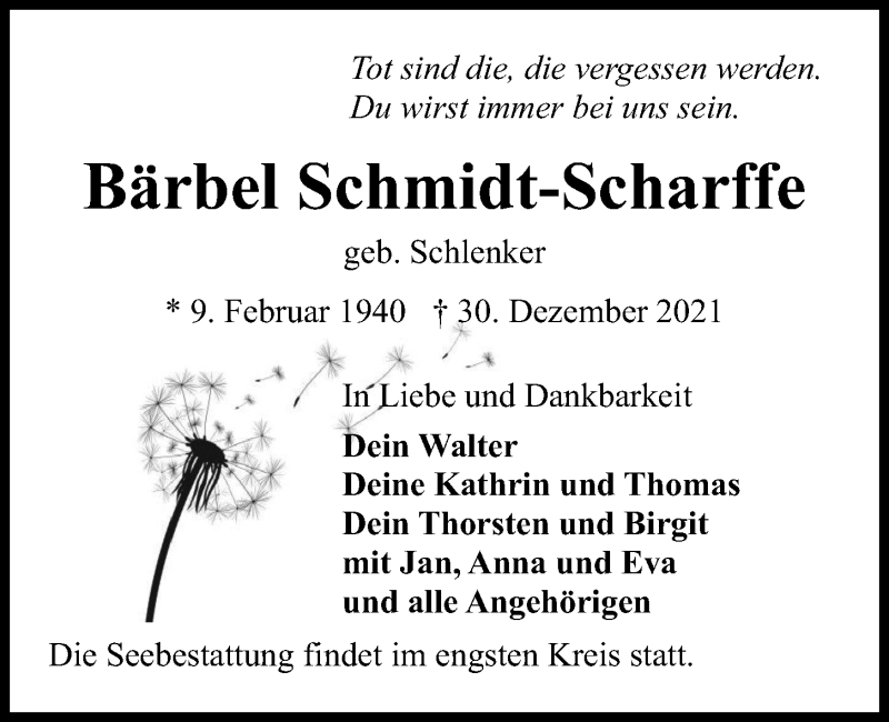 Traueranzeigen von Bärbel Schmidt-Scharffe | trauer-anzeigen.de