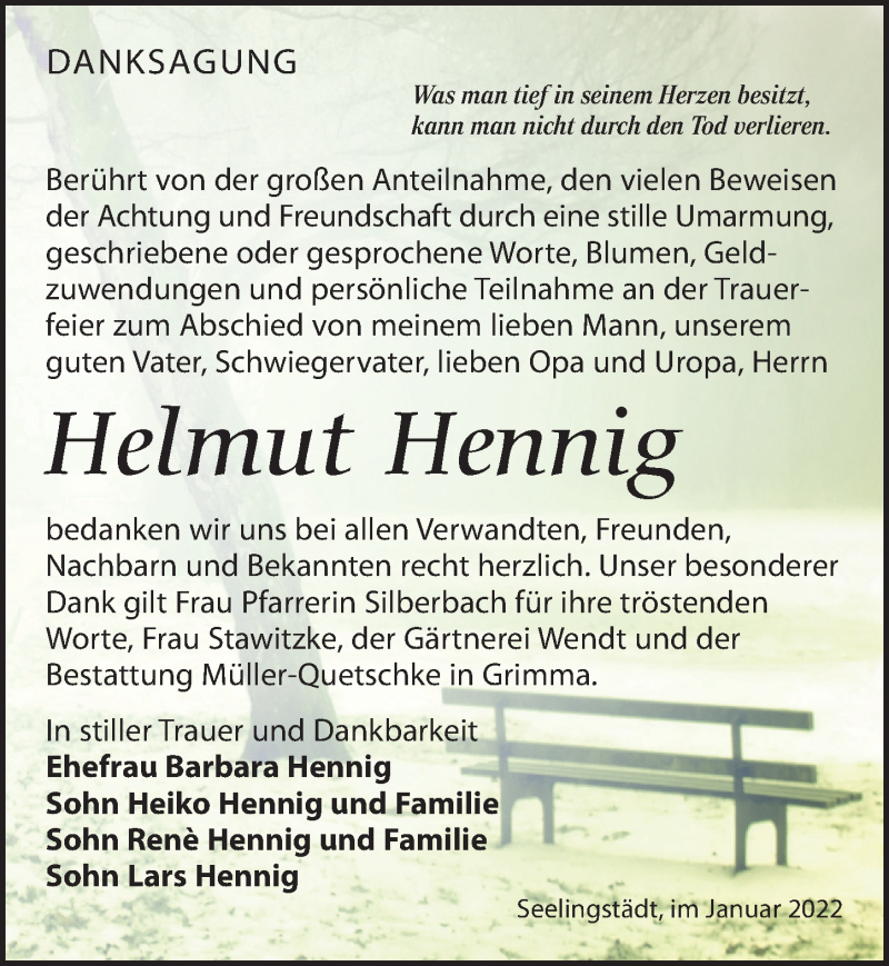Traueranzeigen von Helmut Hennig | trauer-anzeigen.de