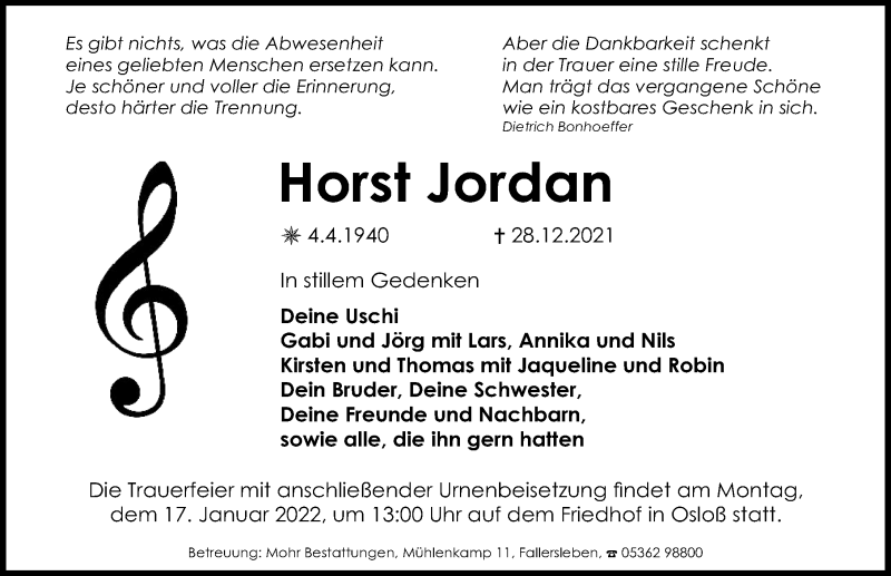 Traueranzeigen von Horst Jordan | trauer-anzeigen.de