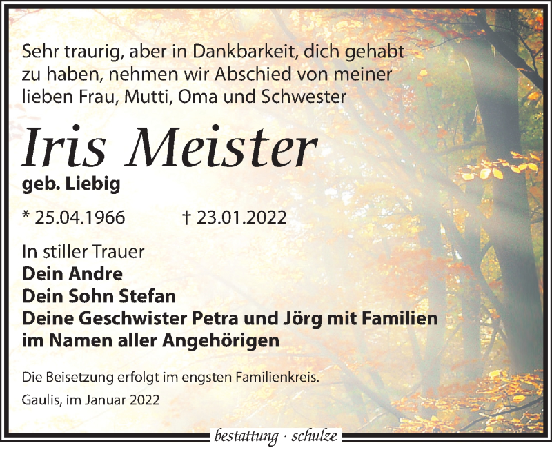 Traueranzeigen von Iris Meister | trauer-anzeigen.de