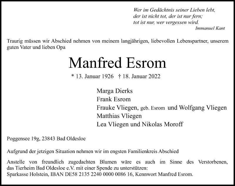 Traueranzeigen von Manfred Esrom | trauer-anzeigen.de