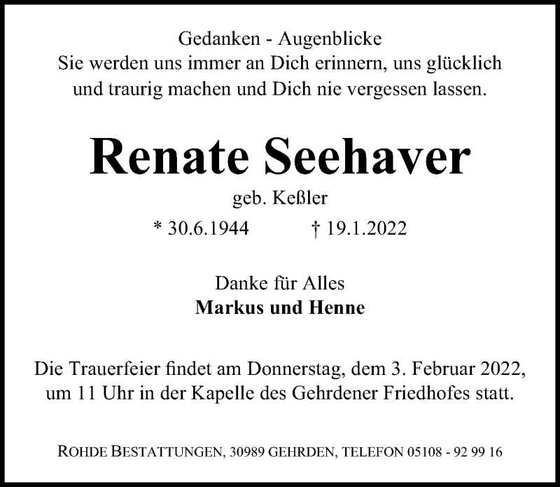 Traueranzeigen von Renate Seehaver | trauer-anzeigen.de