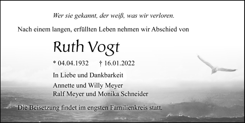 Traueranzeigen von Ruth Vogt | trauer-anzeigen.de