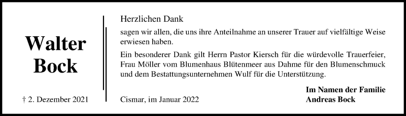 Traueranzeigen von Walter Bock | trauer-anzeigen.de