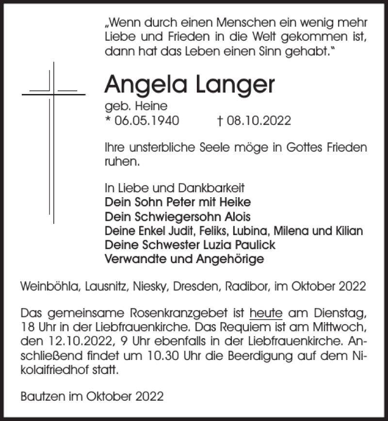 Traueranzeigen von Angela Langer | trauer-anzeigen.de