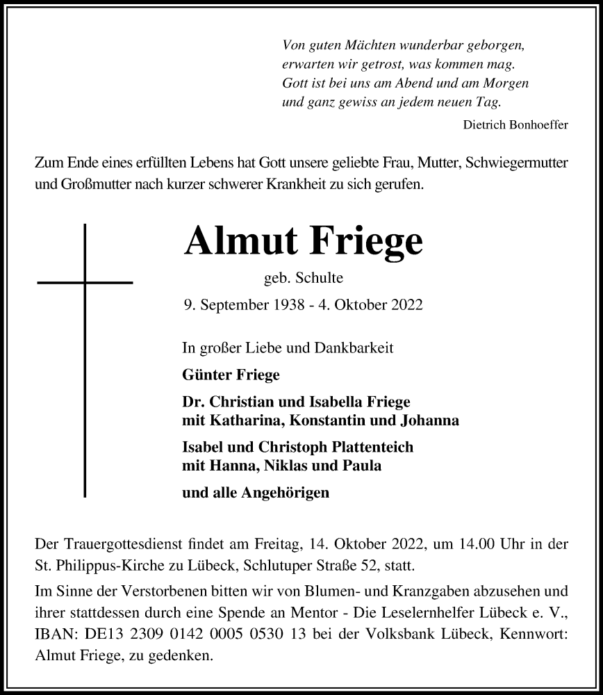 Traueranzeigen von Almut Friege | trauer-anzeigen.de