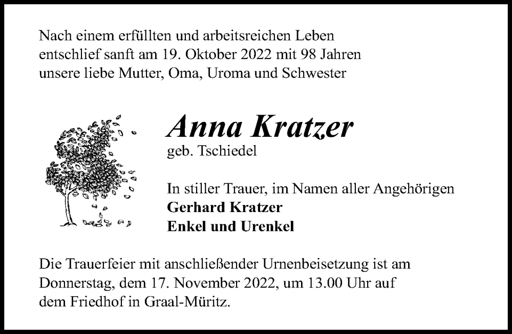 Traueranzeigen von Anna Kratzer | trauer-anzeigen.de