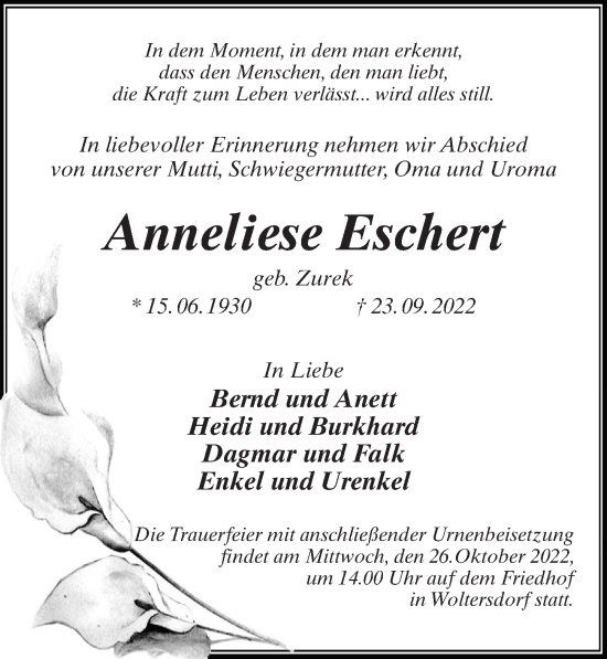 Traueranzeigen von Anneliese Eschert | trauer-anzeigen.de