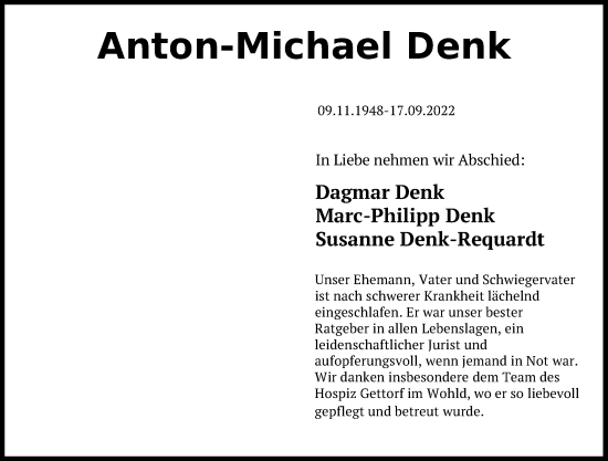 Traueranzeigen von Anton-Michael Denk | trauer-anzeigen.de