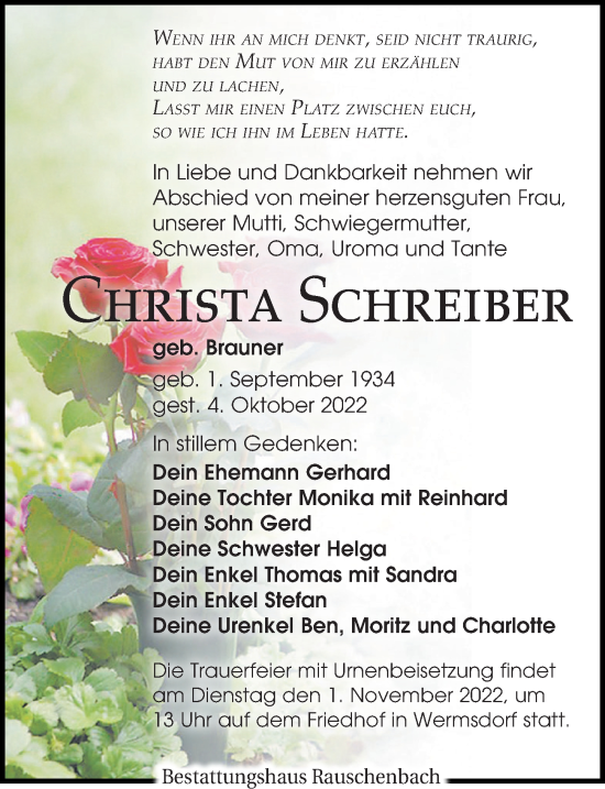 Traueranzeigen von Christa Schreiber | trauer-anzeigen.de