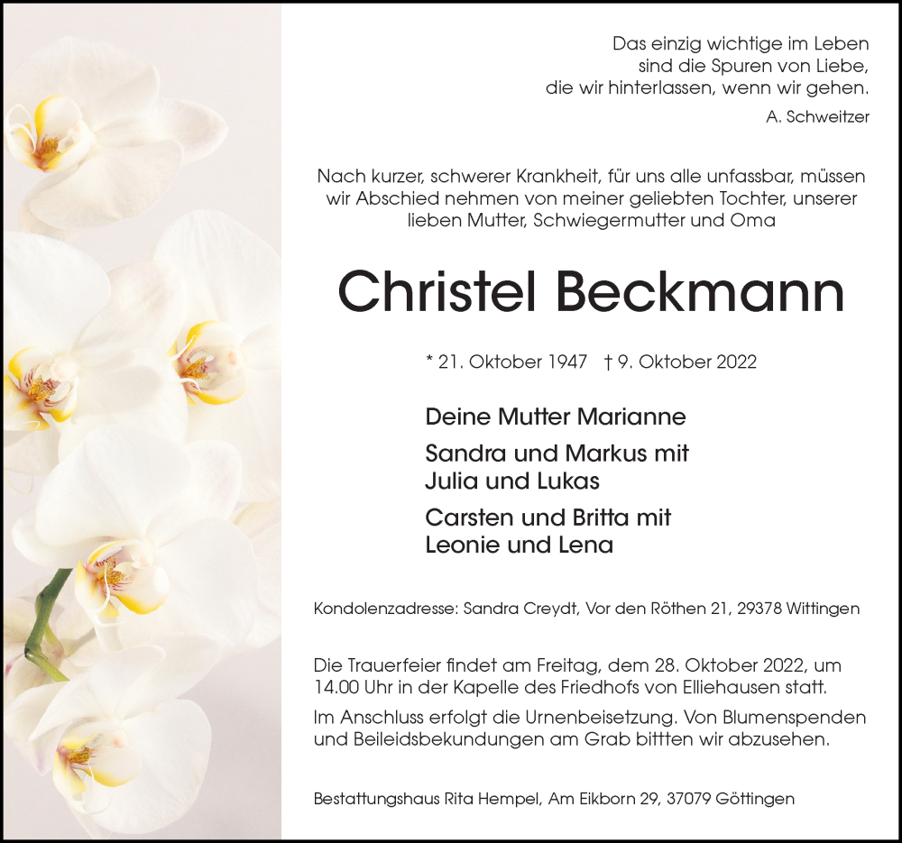 Traueranzeigen von Christel Beckmann | trauer-anzeigen.de