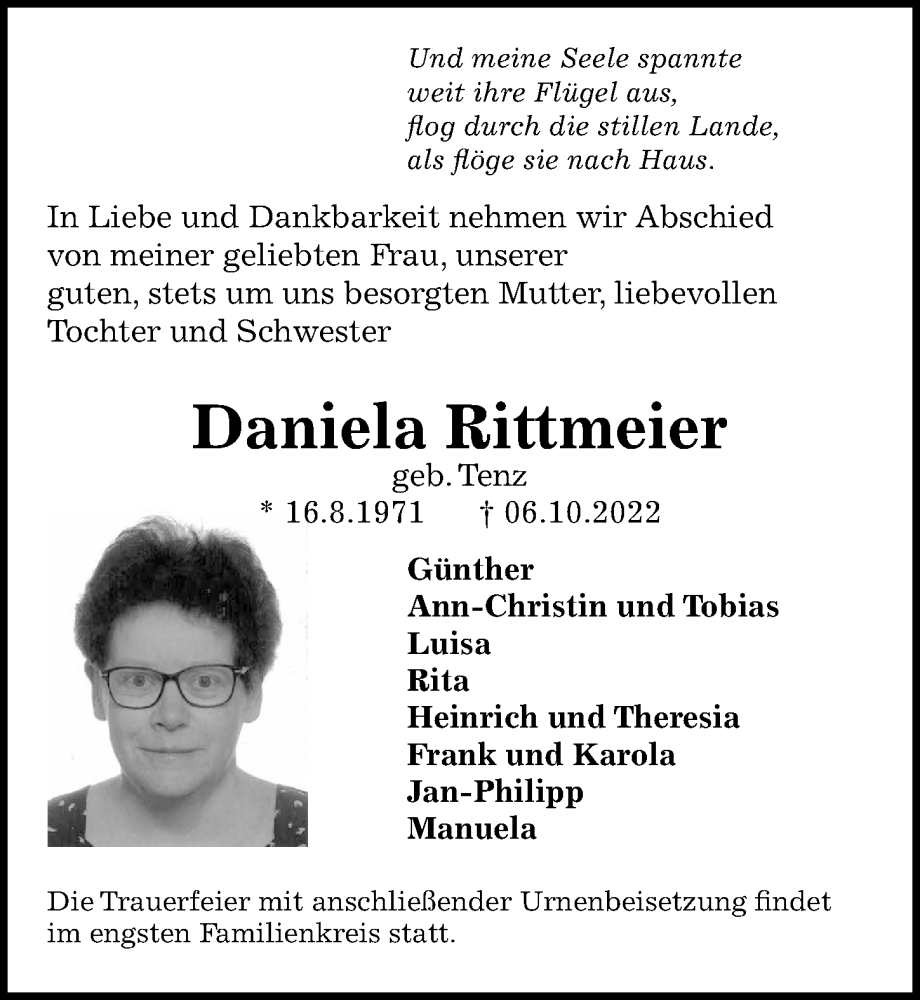 Traueranzeigen von Daniela Rittmeier | trauer-anzeigen.de