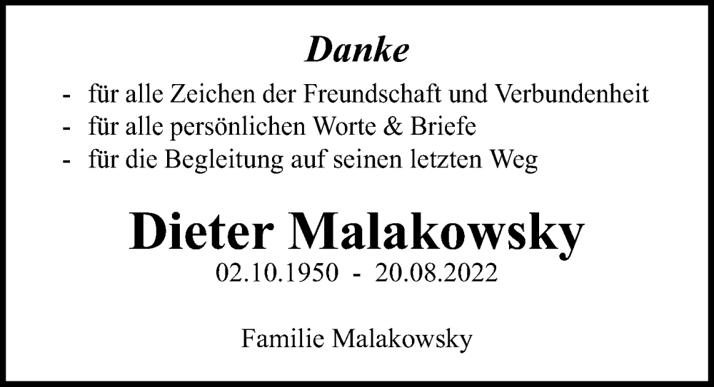 Traueranzeigen von Dieter Malakowsky | trauer-anzeigen.de
