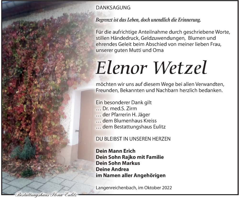 Traueranzeigen von Elenor Wetzel | trauer-anzeigen.de