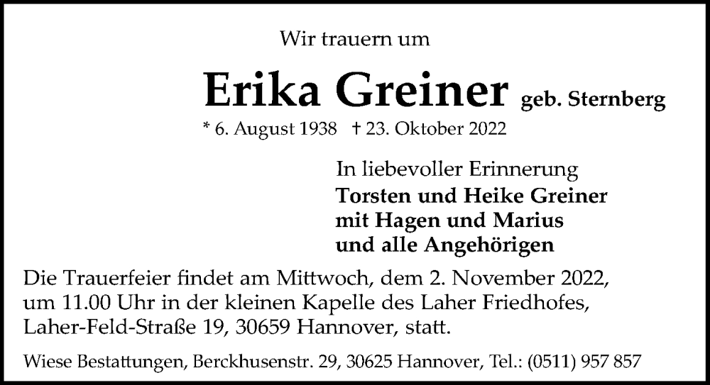 Traueranzeigen von Erika Greiner | trauer-anzeigen.de