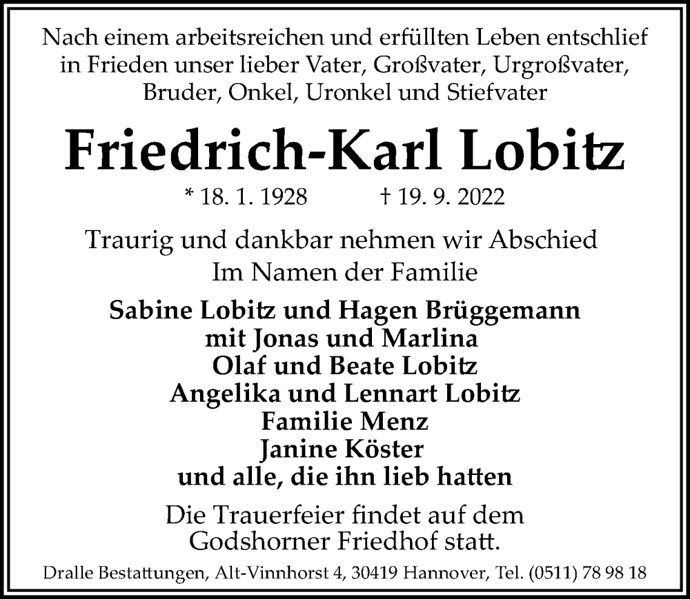 Traueranzeigen von Friedrich-Karl Lobitz | trauer-anzeigen.de