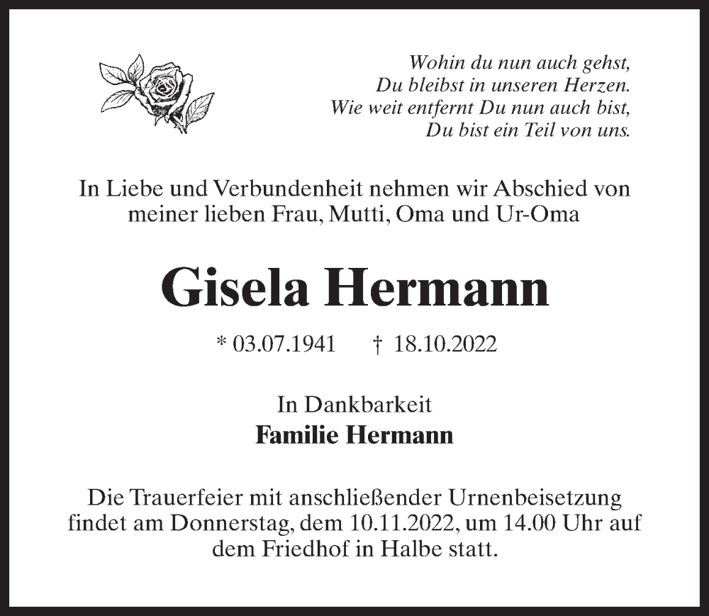 Traueranzeigen von Gisela Hermann | trauer-anzeigen.de