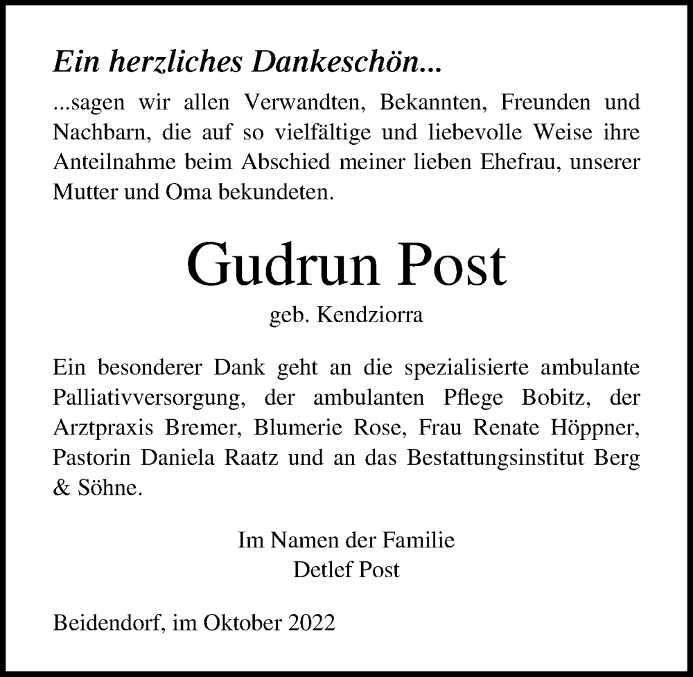 Traueranzeigen von Gudrun Post | trauer-anzeigen.de