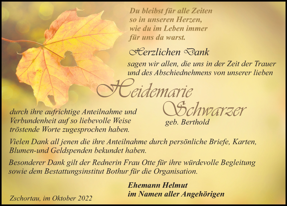 Traueranzeigen von Heidemarie Schwarzer | trauer-anzeigen.de